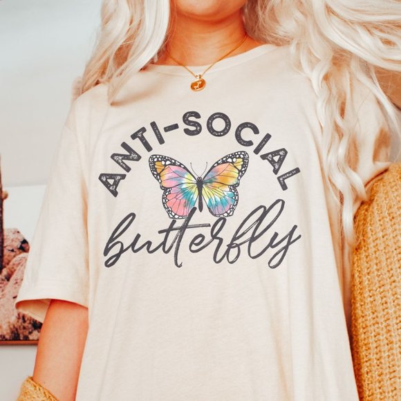 Tops | Anti Social Butterfly Tshirt Anti Social Tee Unisex Crew Neck ...